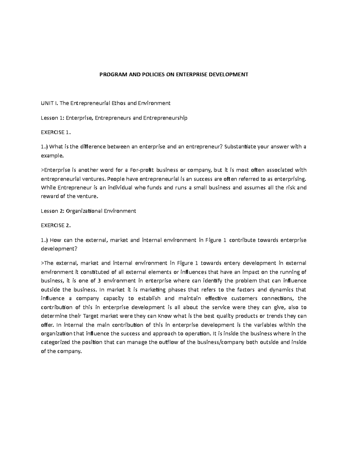 Program and policies - Assessment - PROGRAM AND POLICIES ON ENTERPRISE ...