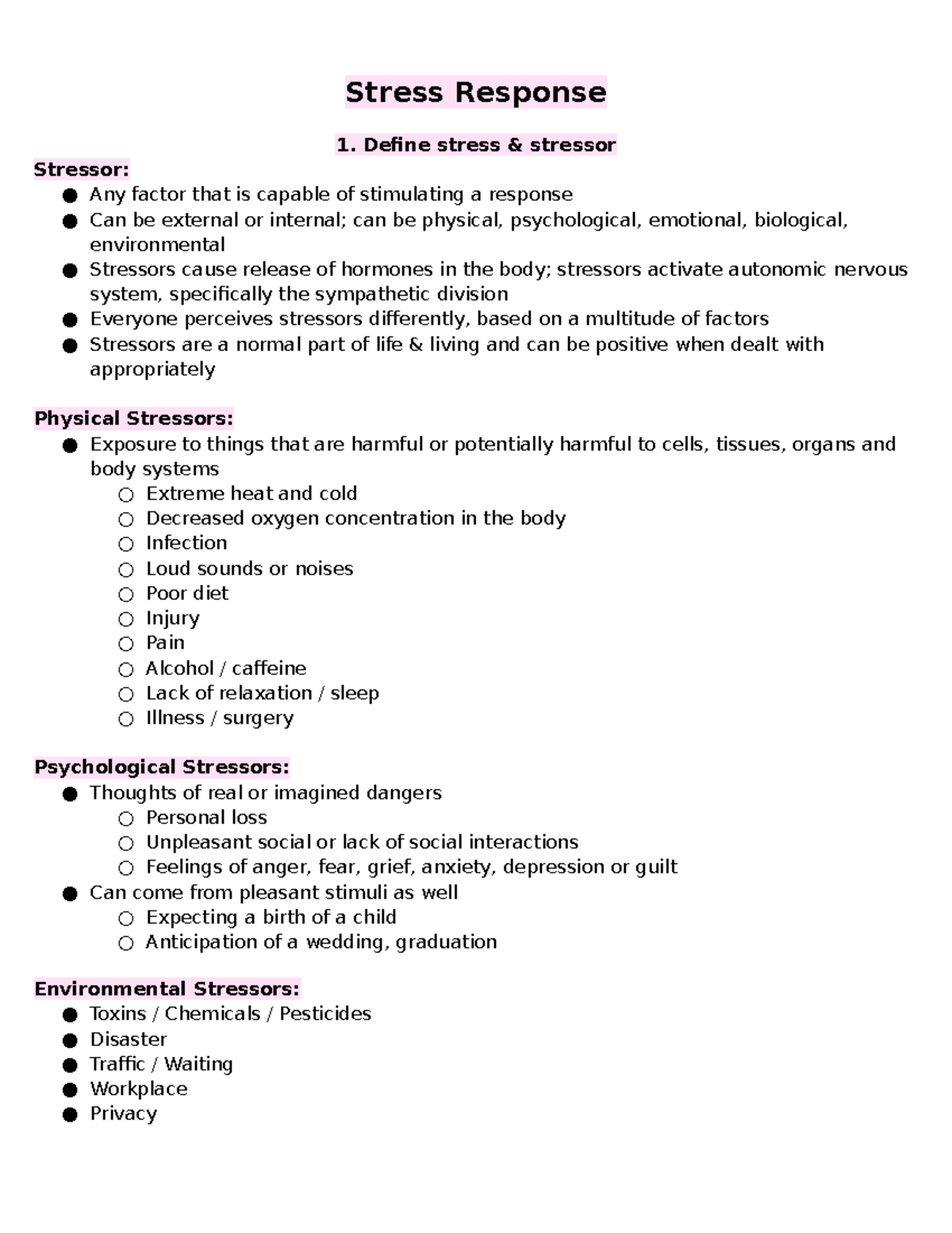 Stress Response - Lecture notes Week 1 Health Sciences - Stress ...