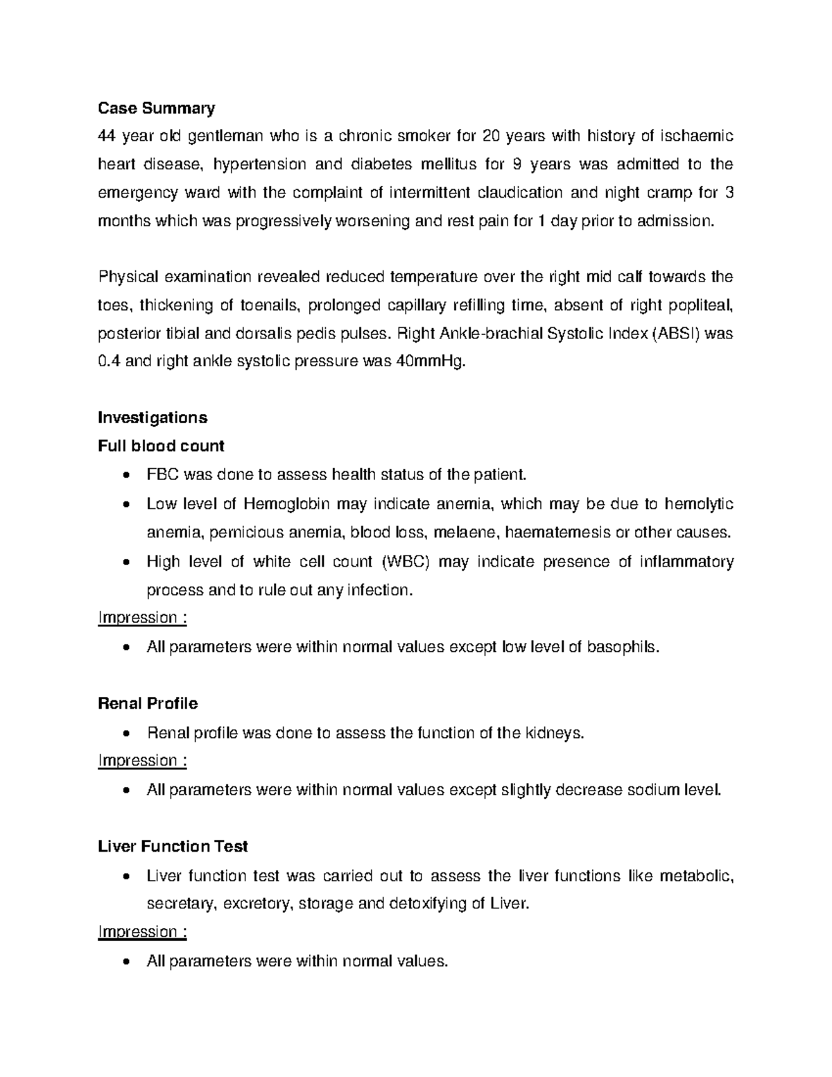 Investigation and Management of CLI - Case Summary 44 year old ...