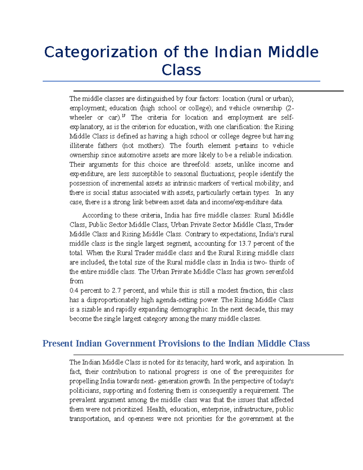 Categorization Of The Indian Middle Class Categorization Of The