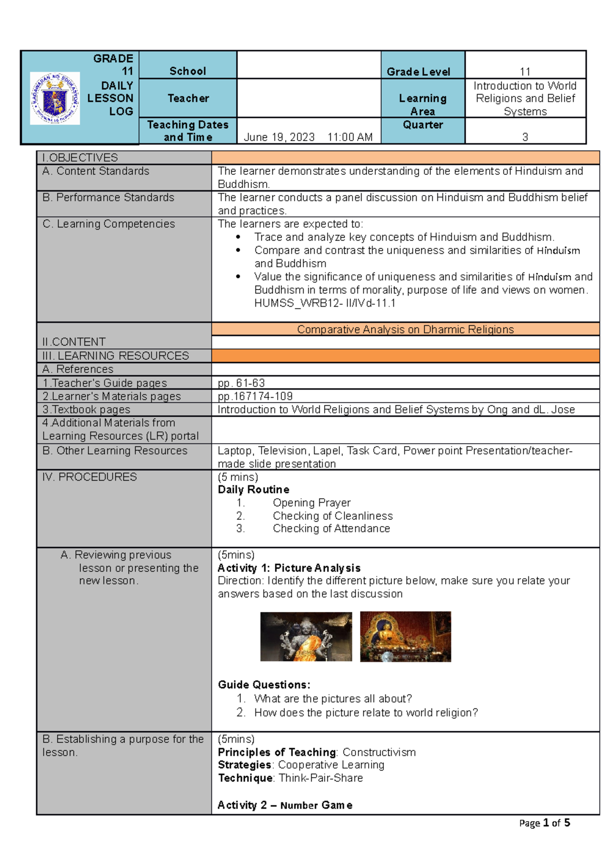 COT2 DLL- Comparative - none - GRADE 11 School Grade Level 11 DAILY ...