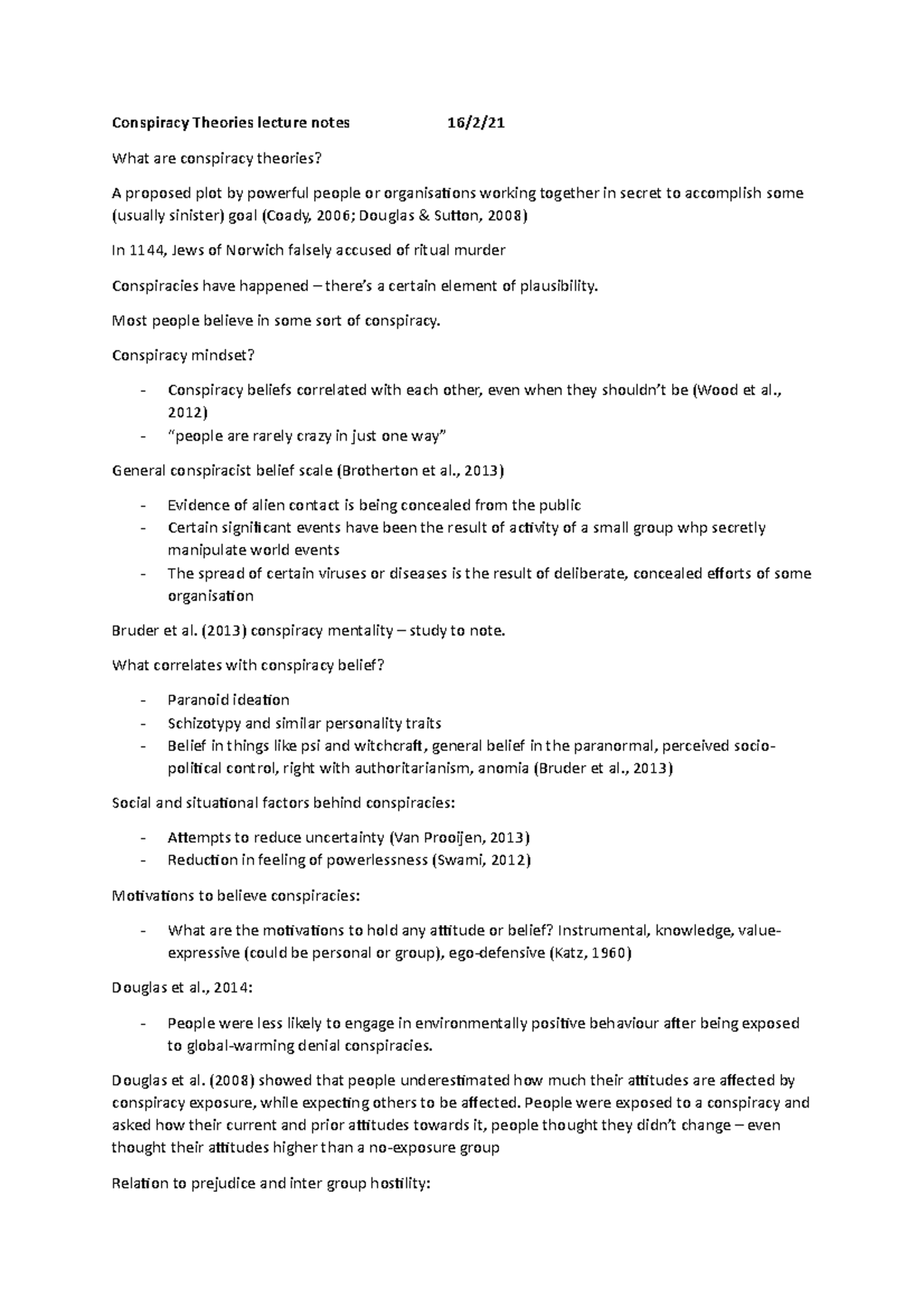 Conspiracy Theories lecture notes - Most people believe in some sort of ...