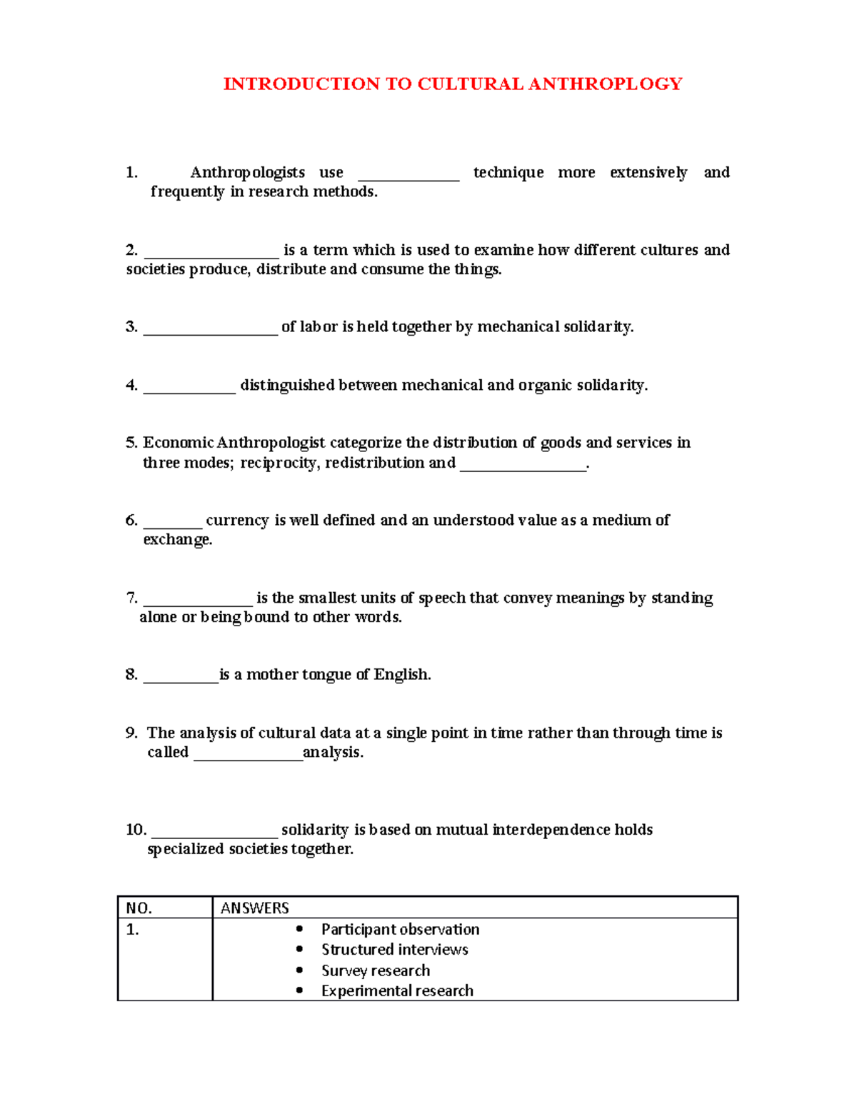 Cultural Anthropology exam - INTRODUCTION TO CULTURAL ANTHROPLOGY ...
