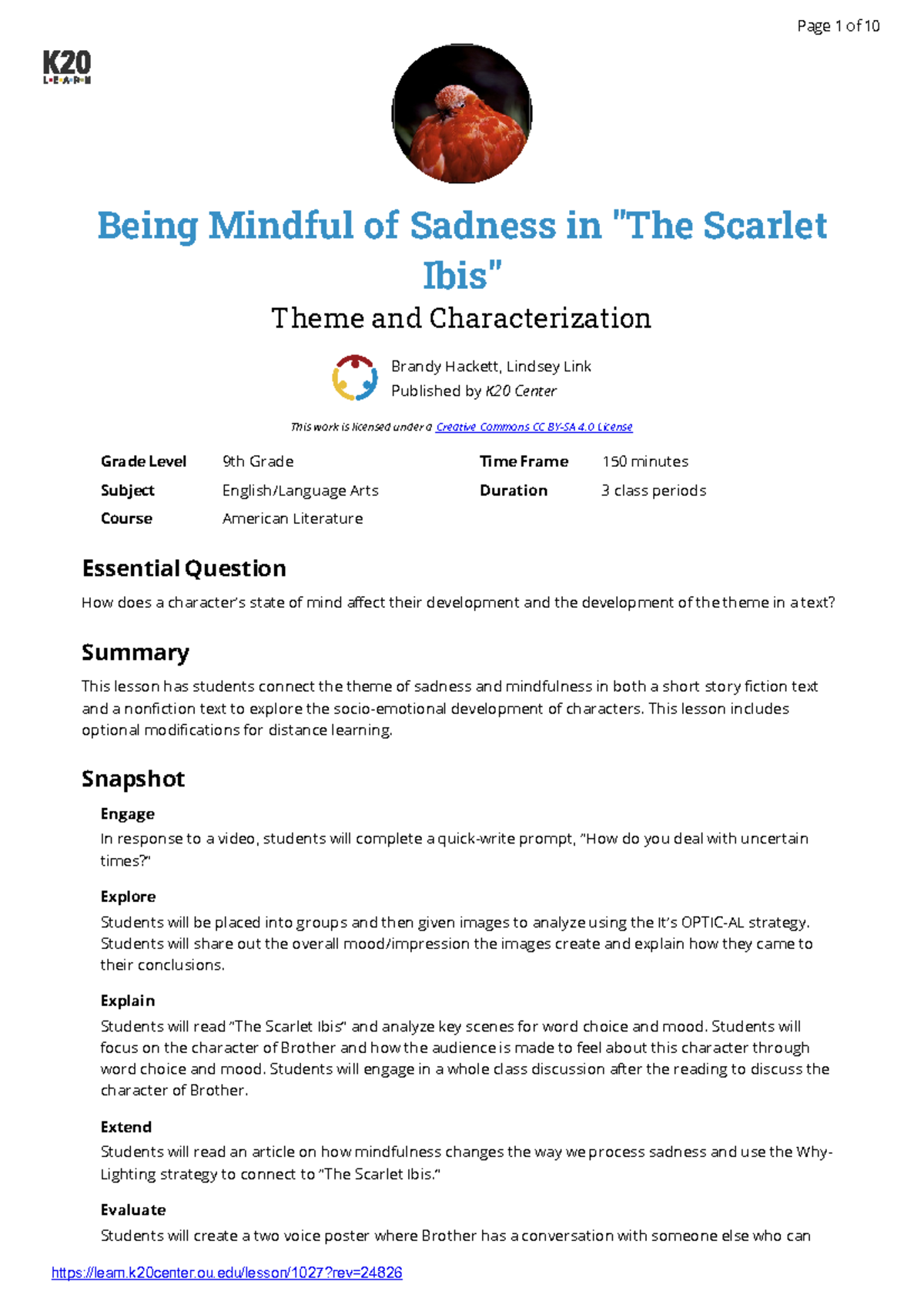 Being Mindful of Sadness in The Scarlet Ibis - Grade Level 9th Grade ...