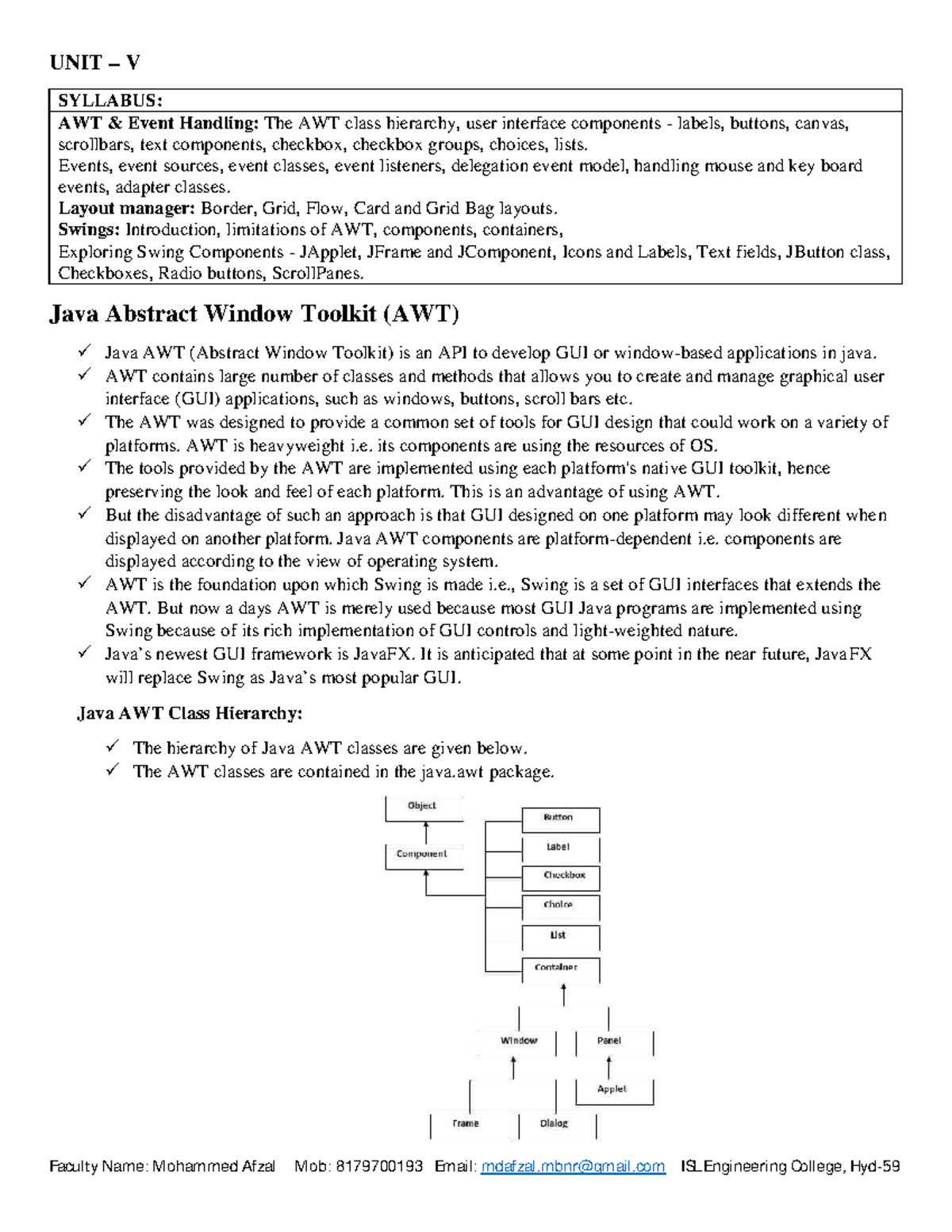JAVA Unit-V - This pdf contains servlets, jdbc and awt eventHandling - UNIT – V SYLLABUS: AWT ...