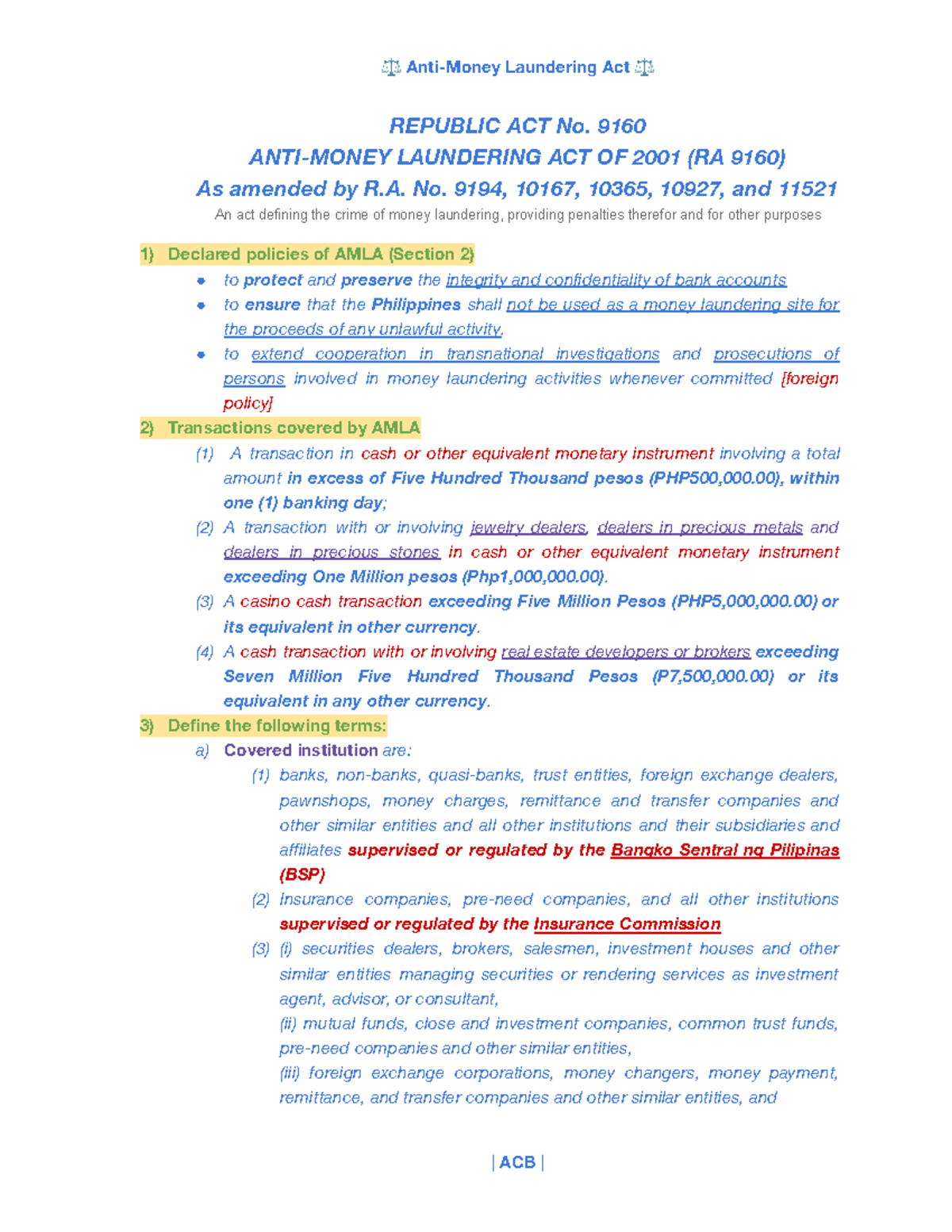AMLA - Guide Questions - REPUBLIC ACT No. 9160 ANTI-MONEY LAUNDERING ...