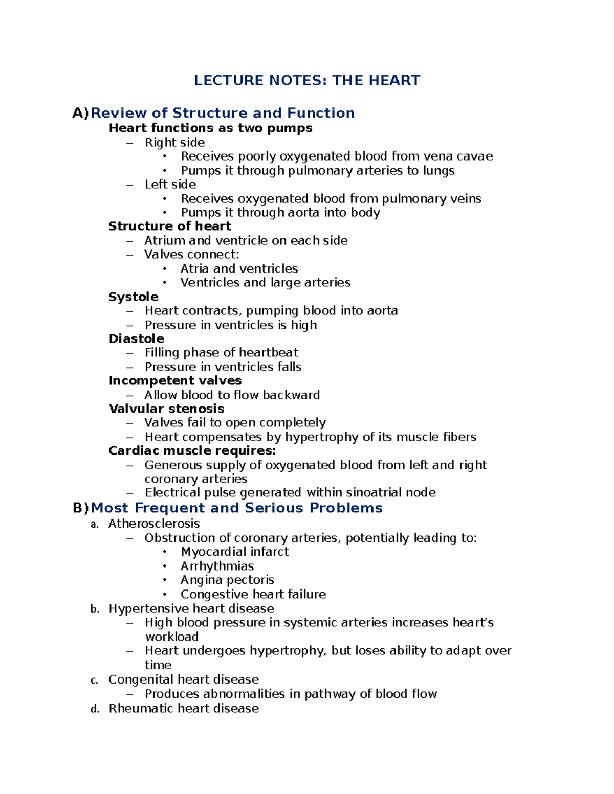 2536 the heart Lecture Notes - LECTURE NOTES: THE HEART A)Review of ...