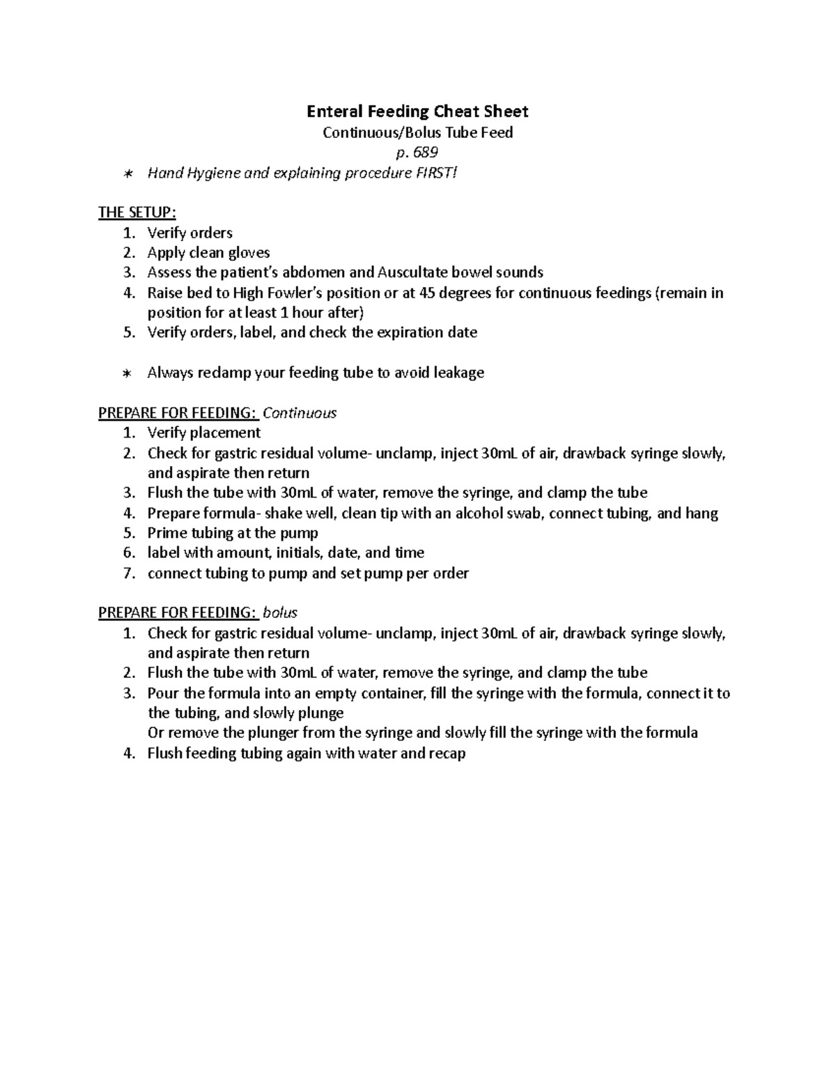 Enteral Feeding Cheat Sheet - Enteral Feeding Cheat Sheet Continuous ...