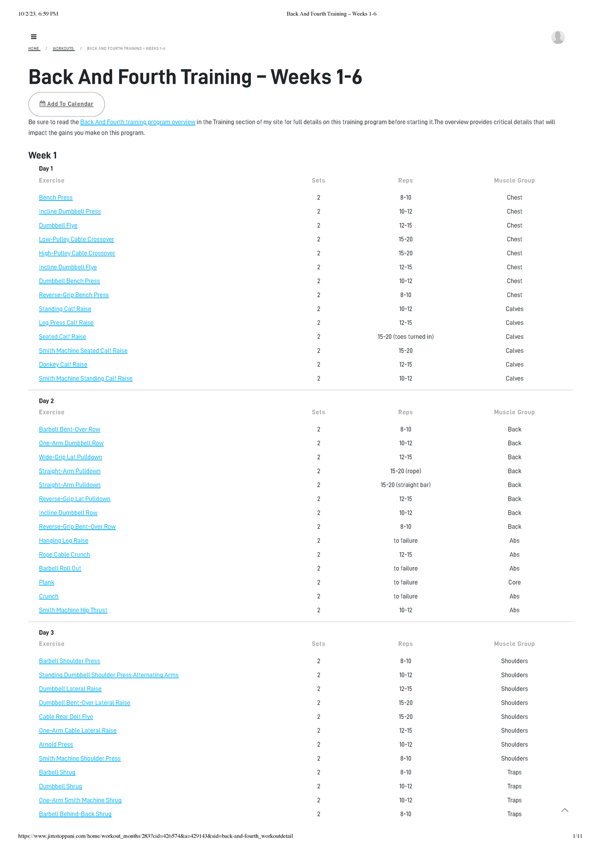 Back And Fourth Training – Weeks 1-6 - Week 1 Day 1 Exercise Sets Reps ...