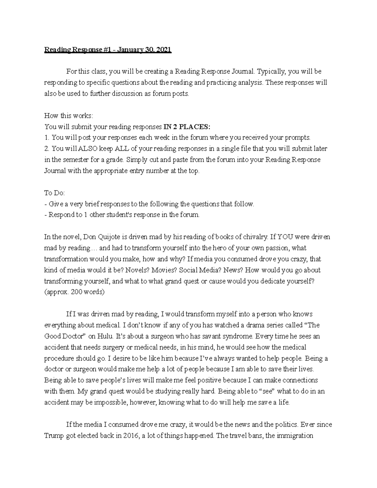 CWL Reading Responses - Reading Response #1 - January 30, 2021 For this ...