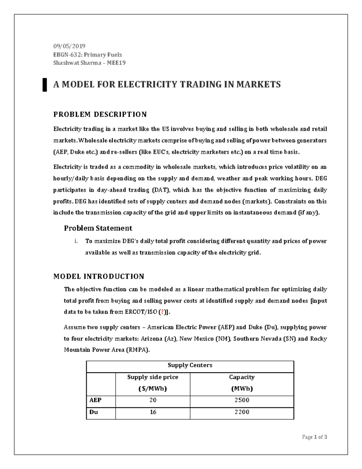 Linear Optimization Model for Electricity Trading - Sharma, Shashwat ...