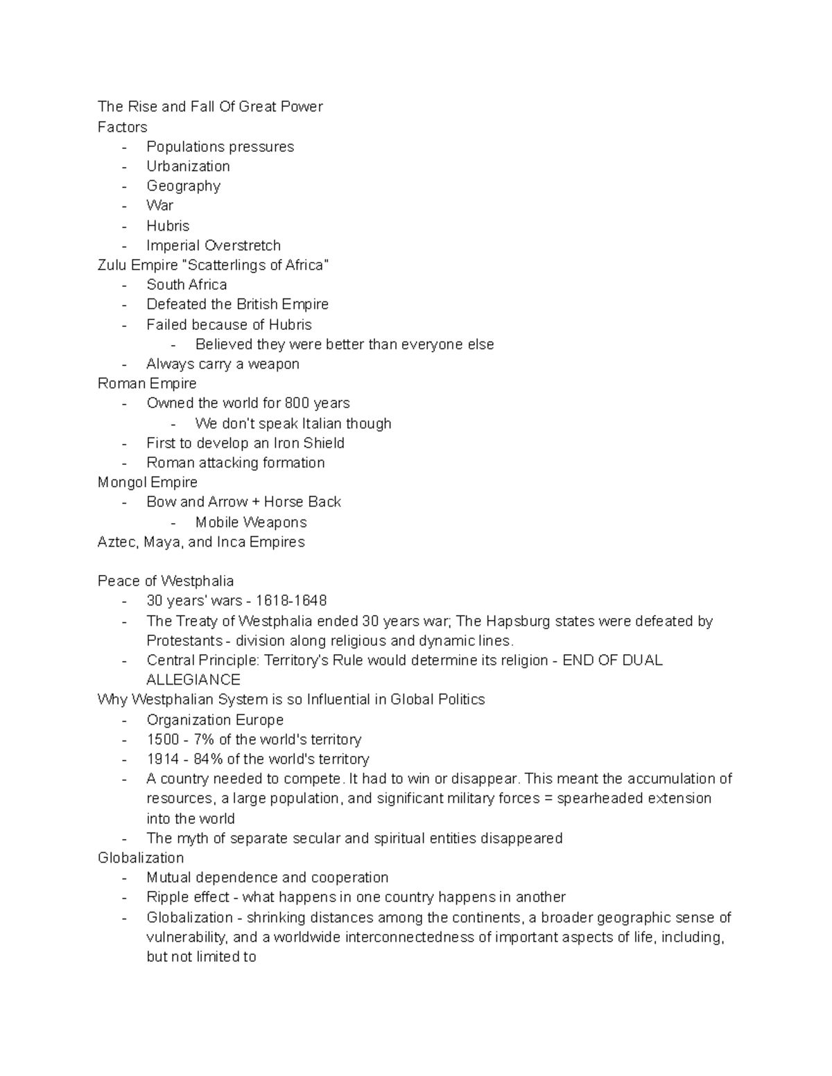 Poli Sci 200 In Class Notes - The Rise and Fall Of Great Power Factors ...