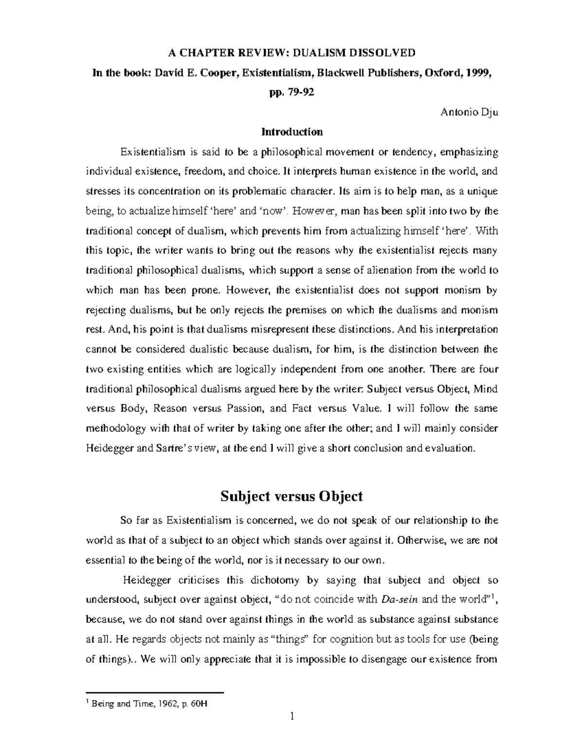 Dualism Dissolved - Existentialism - A CHAPTER REVIEW: DUALISM ...