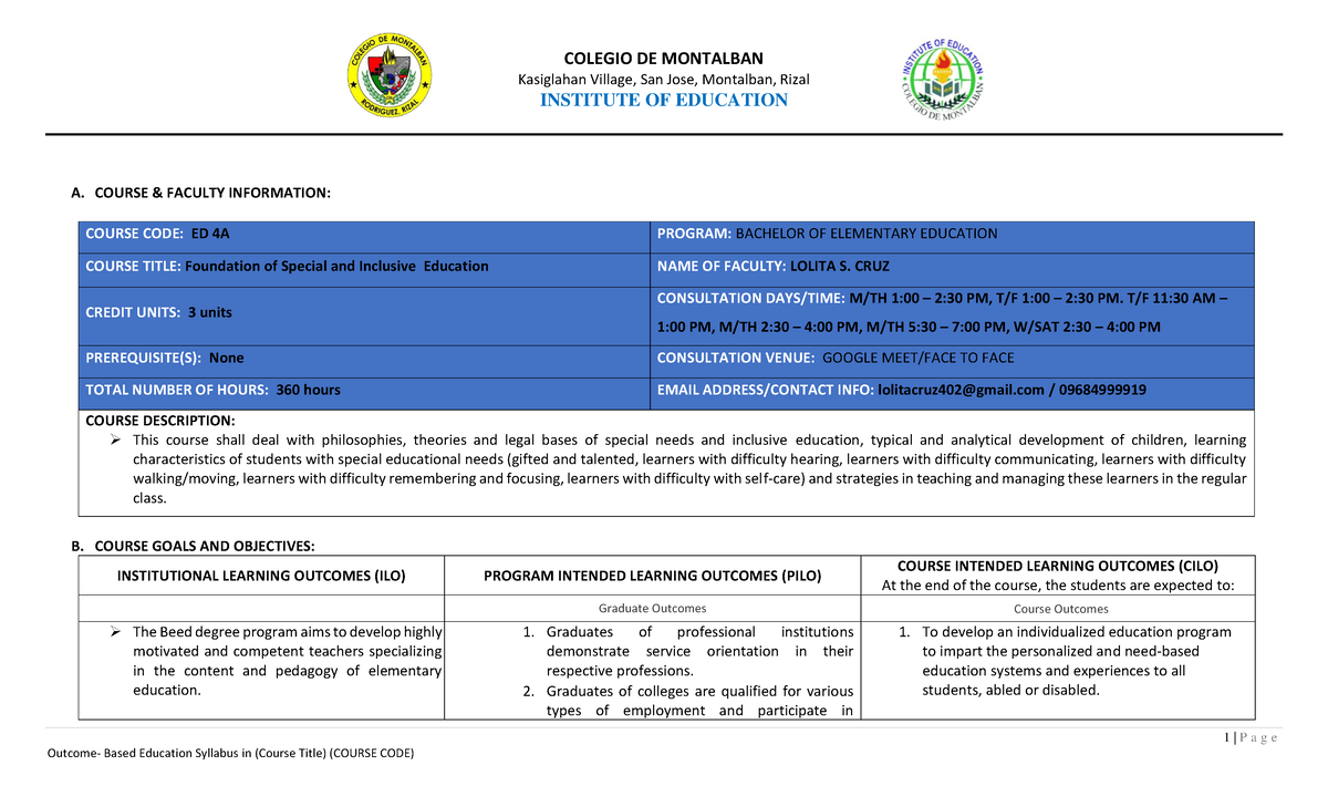 Syllabus ED 4A Foundation of Special and Inclusive Education ...