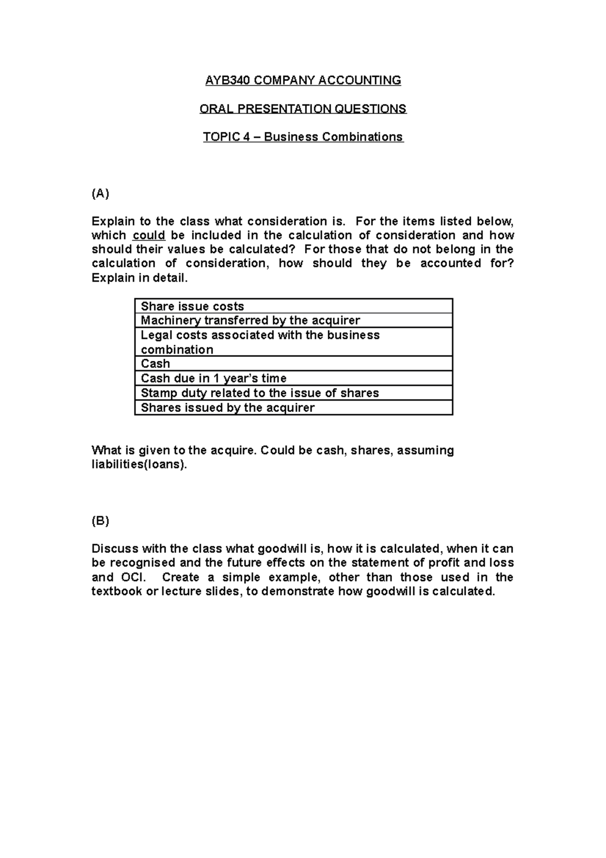Tutorial work - Topic 4 Business Combination with answers - AYB340 ...