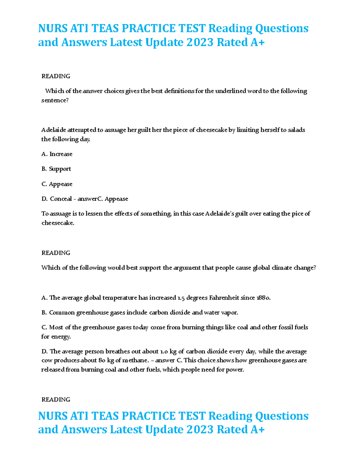 Ati teas practice test reading - and Answers Latest Update 2023 Rated ...