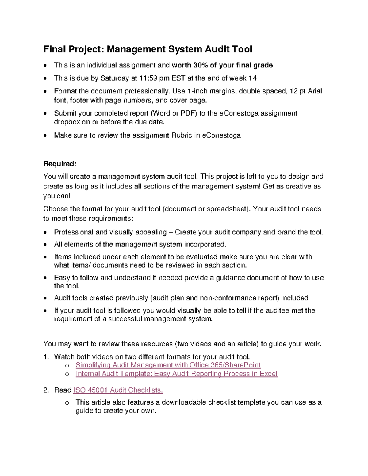 Final Project Management Audit Tool - OHS8150 - Conestoga College - Studocu