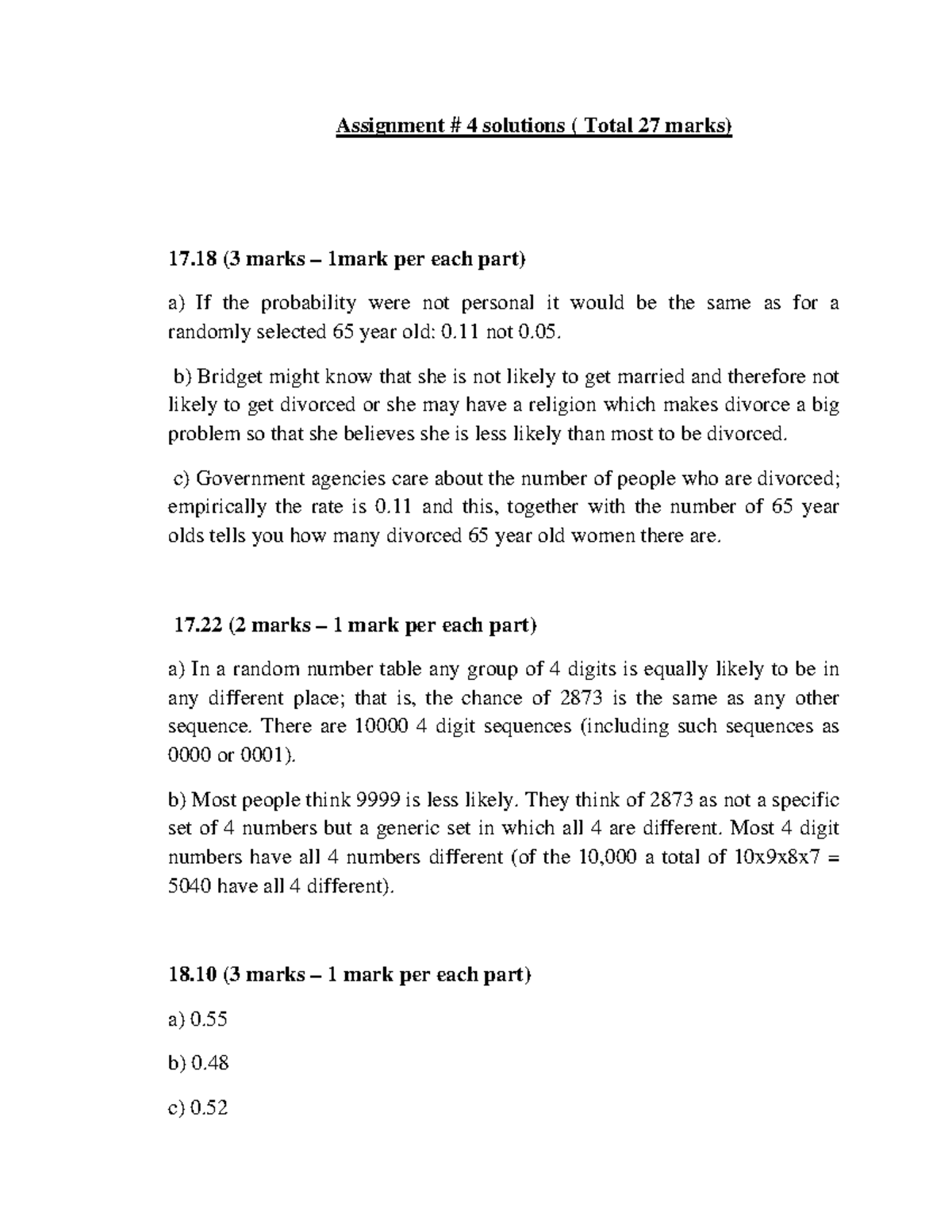 STAT 100 Assignment 4 solutions - Introduction to Statistics - Assignment 4 solutions ( Total 27 ...