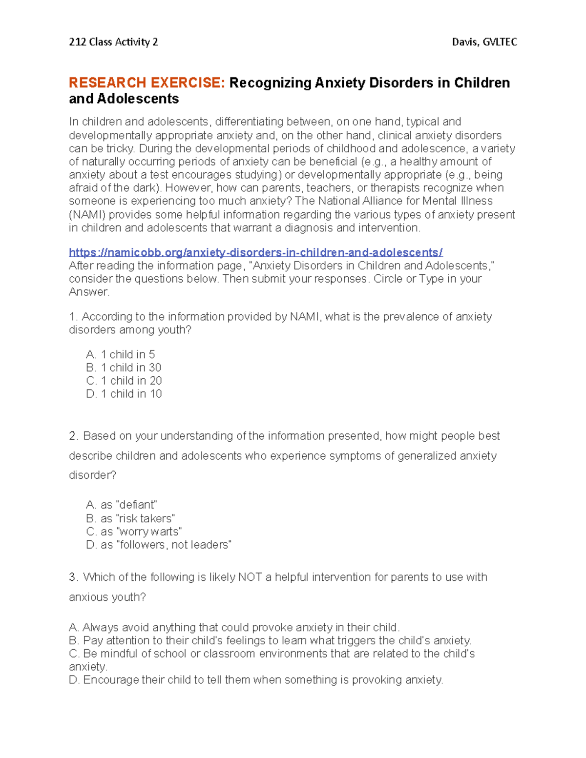 212 Class Activity 2- Anxiety Disorders - 212 Class Activity 2 Davis ...