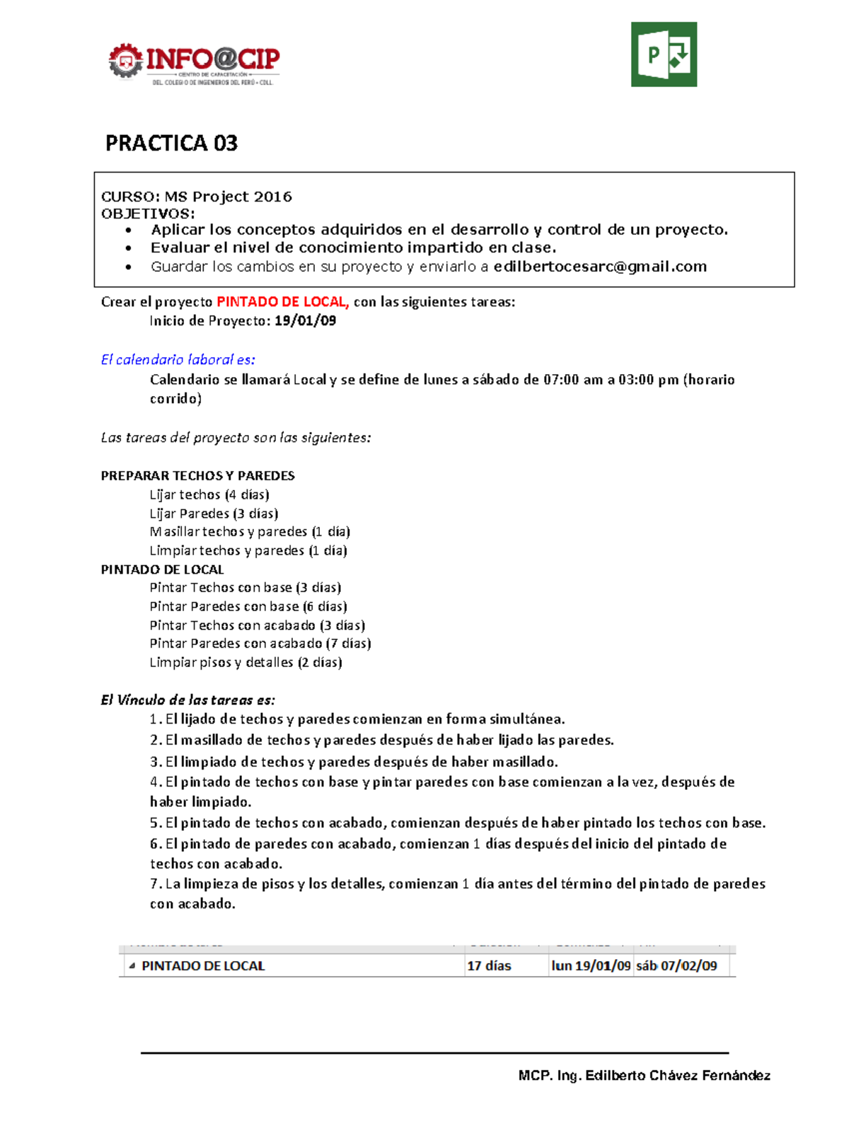 Practica 04- Pintado DE Local - MCP. Ing. Edilberto Chávez Fernández PRACTICA 03 CURSO: MS ...