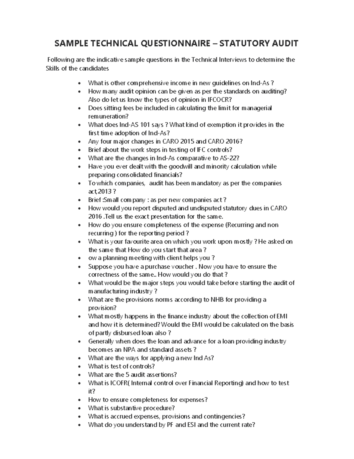 Sample Technical Questionnaire - Stat Audit - SAMPLE TECHNICAL ...