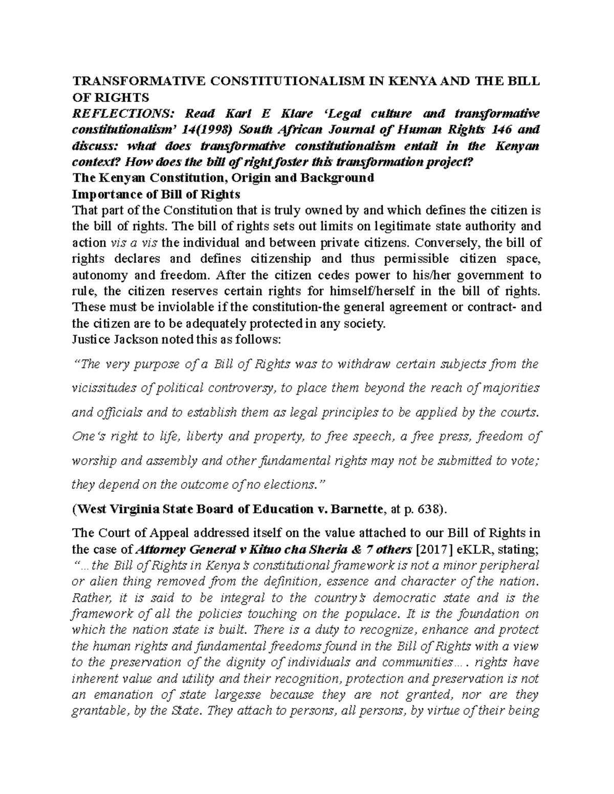 Transformative Constitutionalism IN Kenya AND THE BILL OF Rights ...
