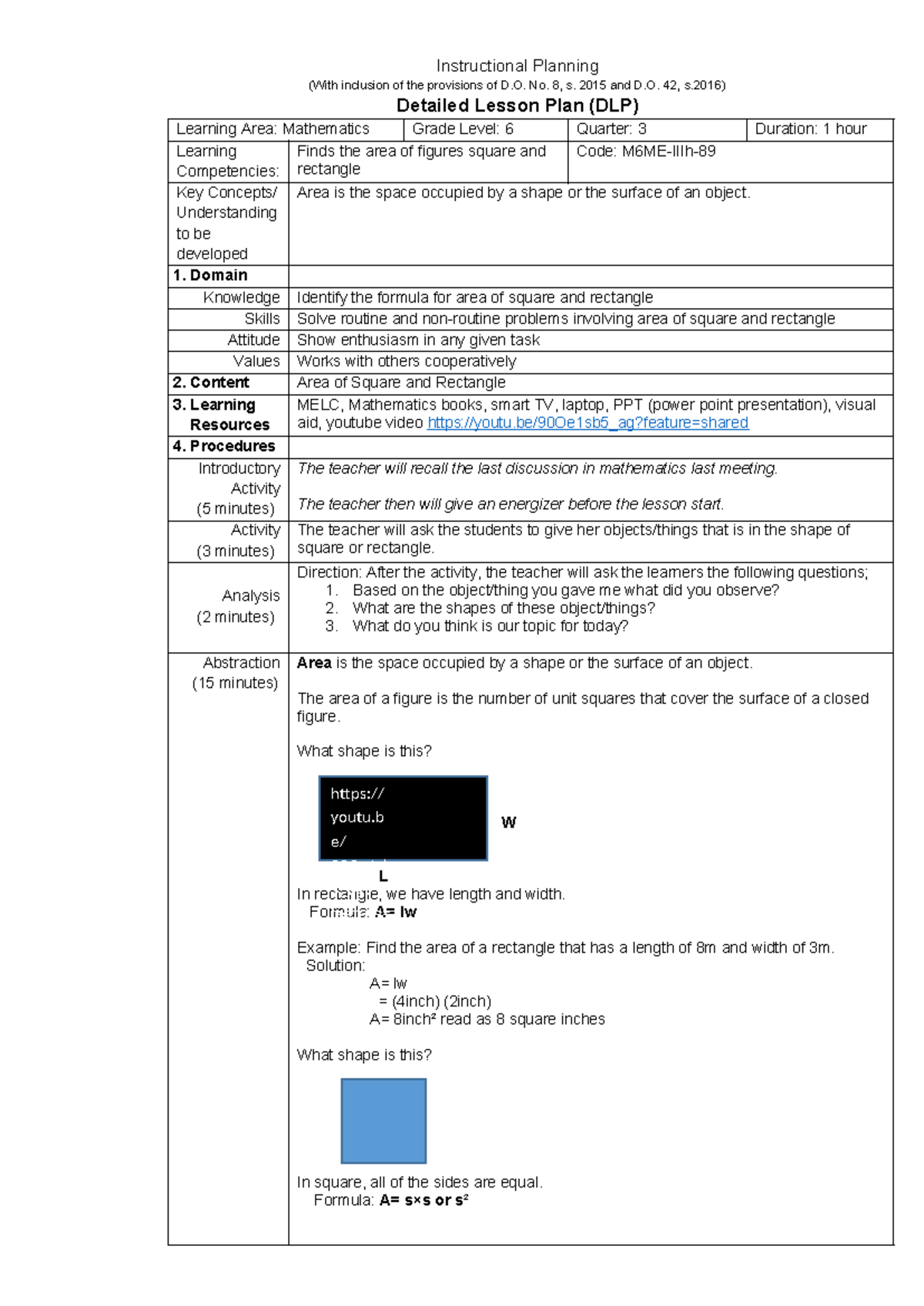 AREA OF Square AND Rectangle DLP - Instructional Planning (With inclusion of the provisions of D ...