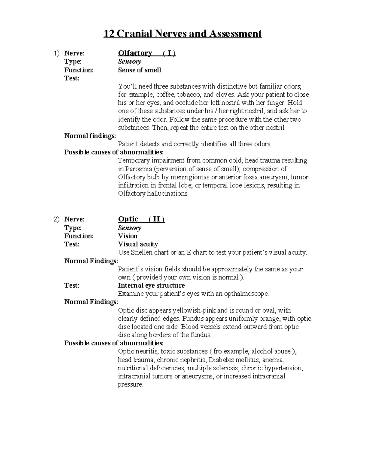 Cranial-Nerves-and-Assessment - 12 Cranial Nerves and Assessment 1 ...