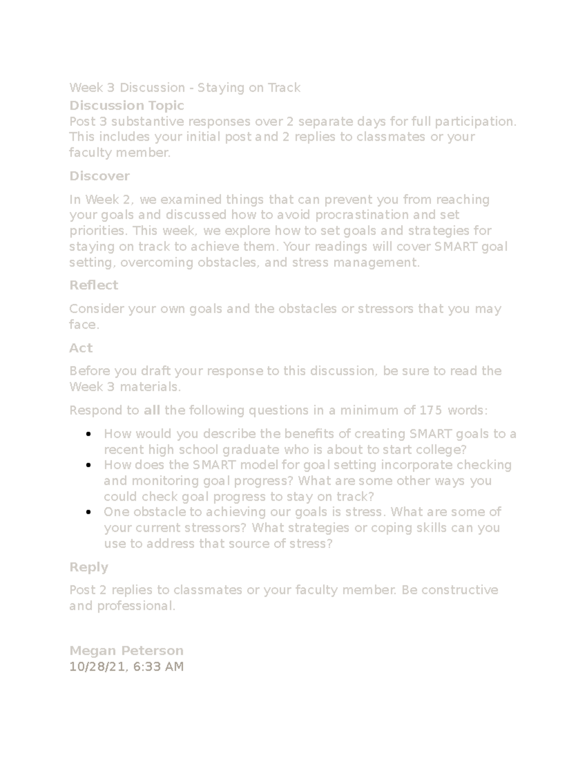 Wk 3 Discussion - Staying on Track [due Thurs] - Week 3 Discussion ...