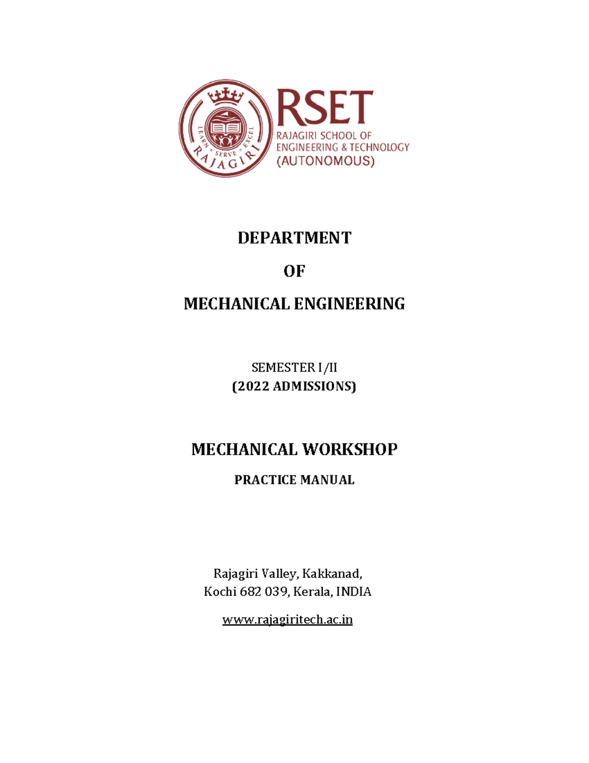 ME WS Practice Manual - DEPARTMENT OF MECHANICAL ENGINEERING SEMESTER I/II (2022 ADMISSIONS ...