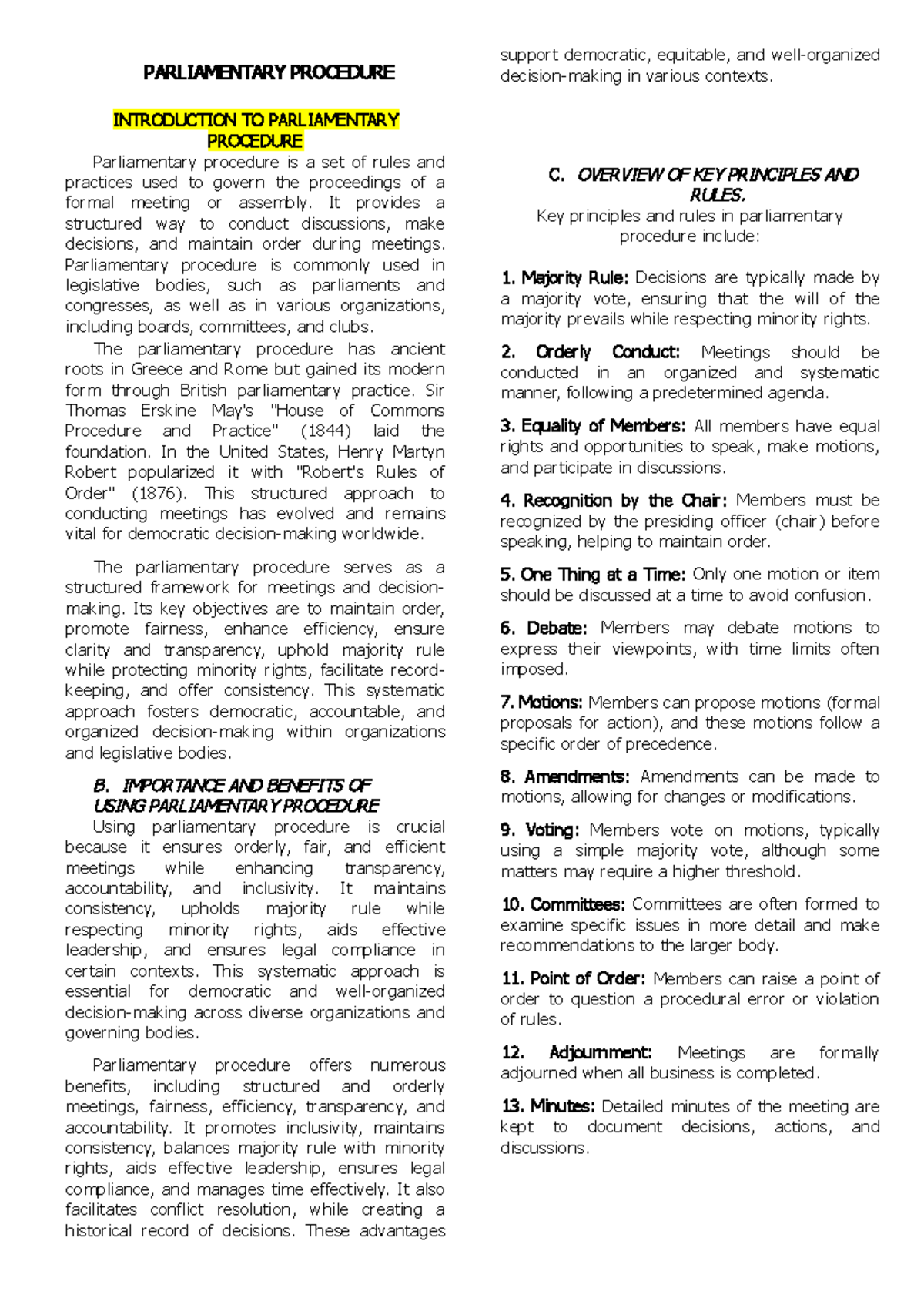 Parliamentary Procedure Informations - PARLIAMENTARY PROCEDURE ...
