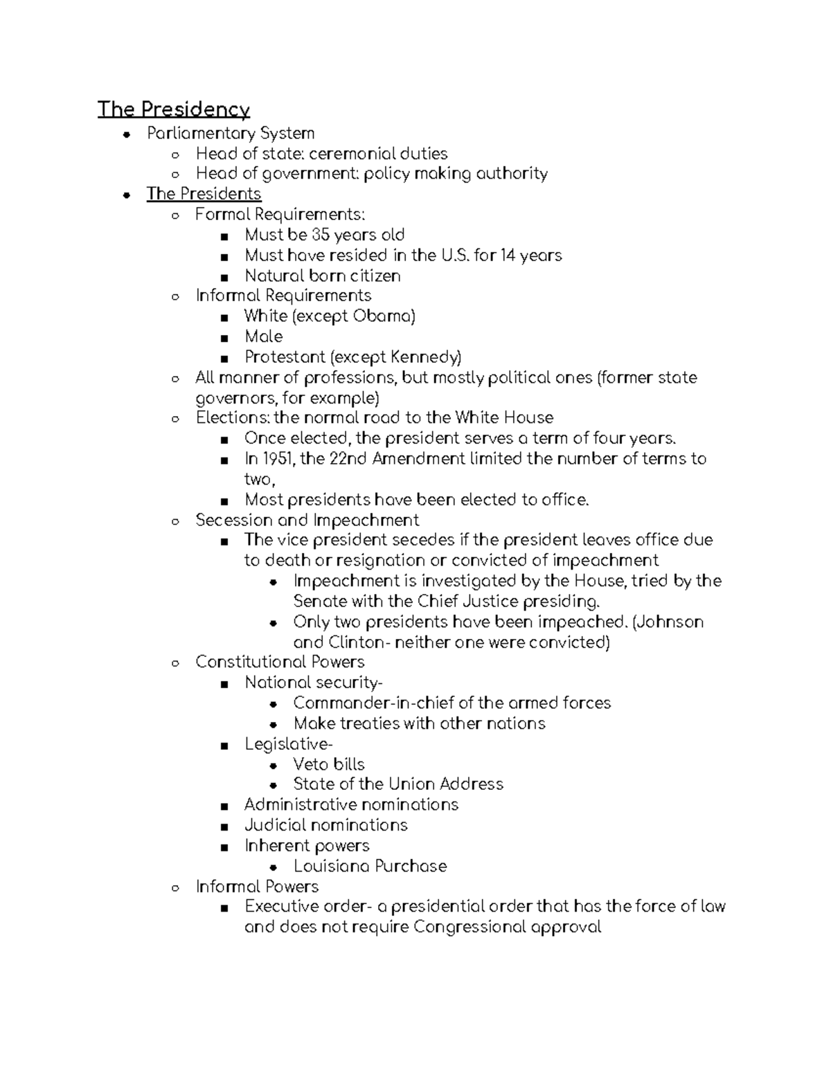 The Presidency - AP Gov notes - The Presidency Parliamentary System ...