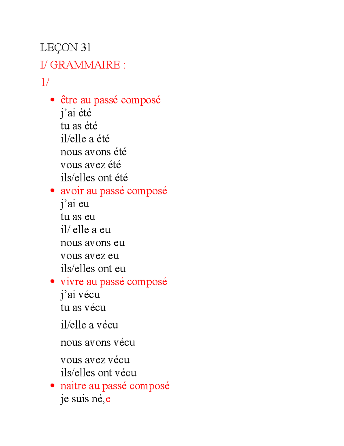Bài giảng Lecon 31 - LEÇON 31 I/ GRAMMAIRE : 1/ être au passé composé j ...