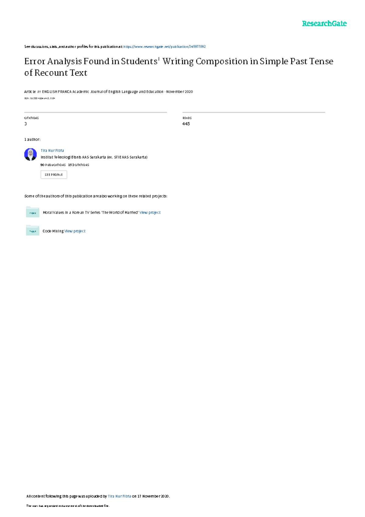 Error Analysis Found in Students’ Writing Composition in Simple Past Tense of Recount Text 2020 ...