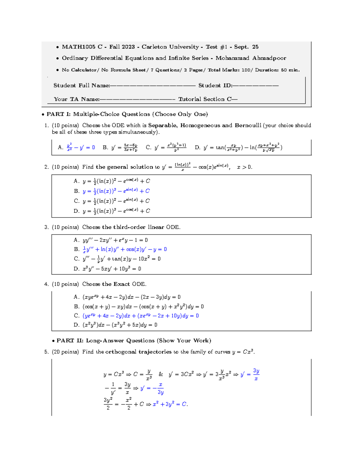 Test 1 - Solutions - Test solution - MATH1005 C - Fall 2023 - Carleton ...