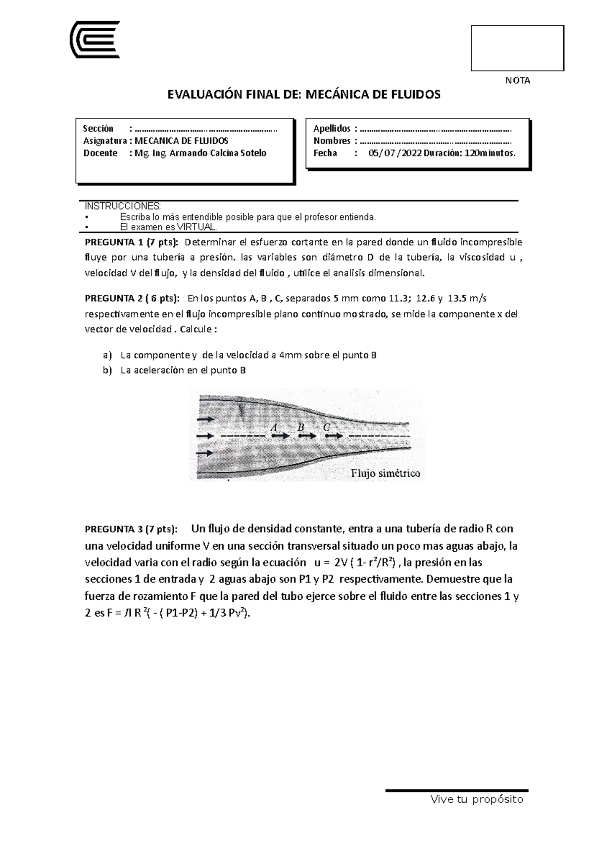 Examen Final DE MEC Fluid 2022 10 -2 - NOTA EVALUACIÓN FINAL DE: MECÁNICA DE FLUIDOS PREGUNTA 1 ...