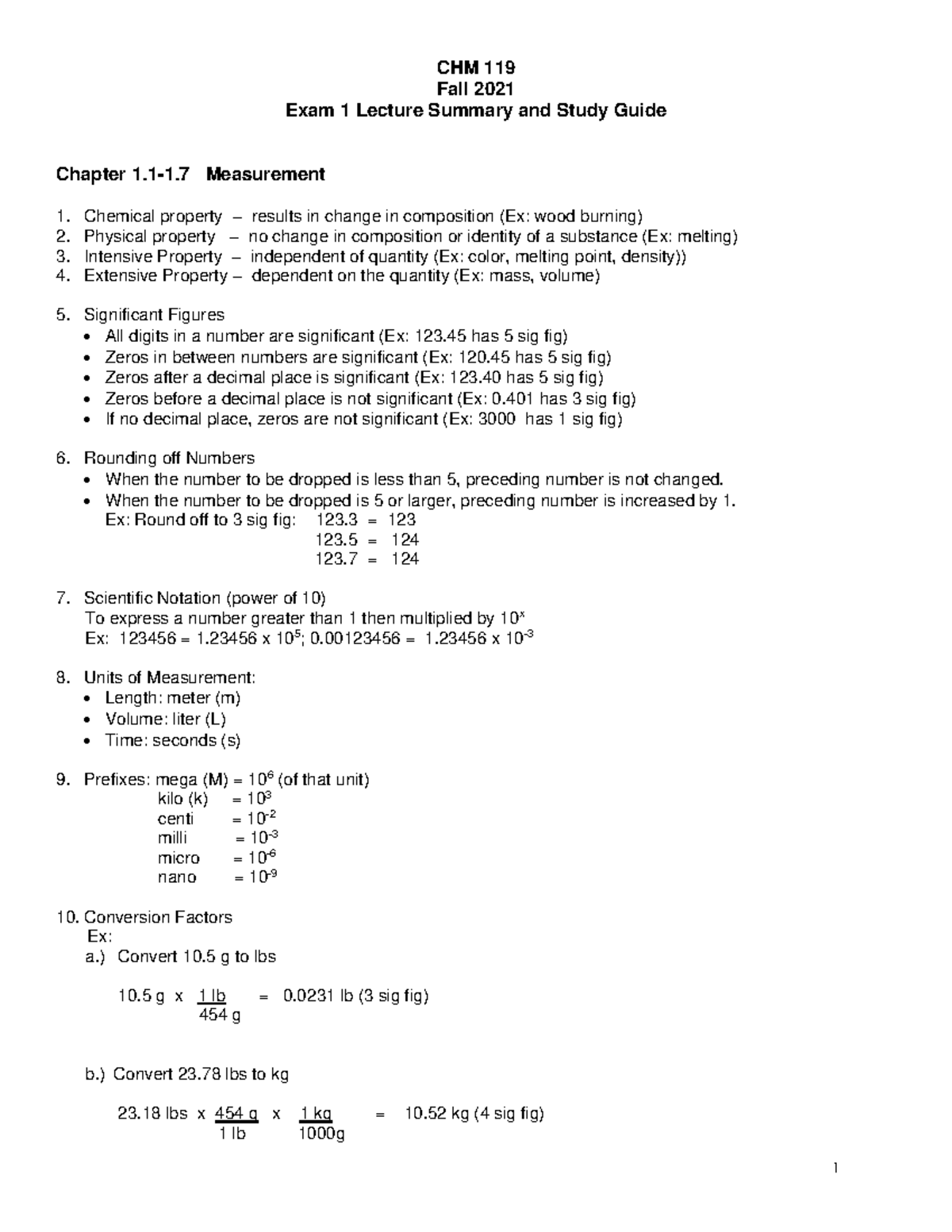 C119 E1 Lecture Summary F21 - CHM 119 Fall 2021 Exam 1 Lecture Summary ...