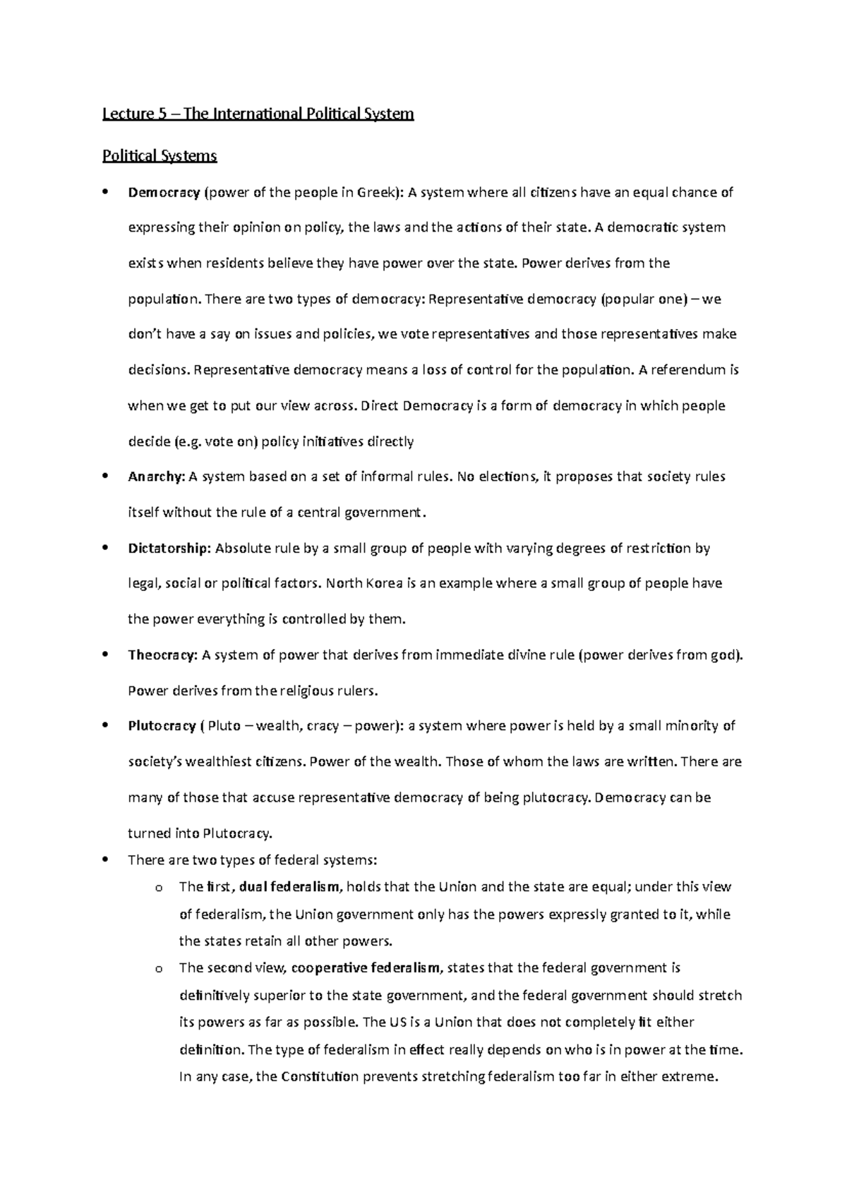 Lecture 5 Notes - The international Political System - Lecture 5 – The ...