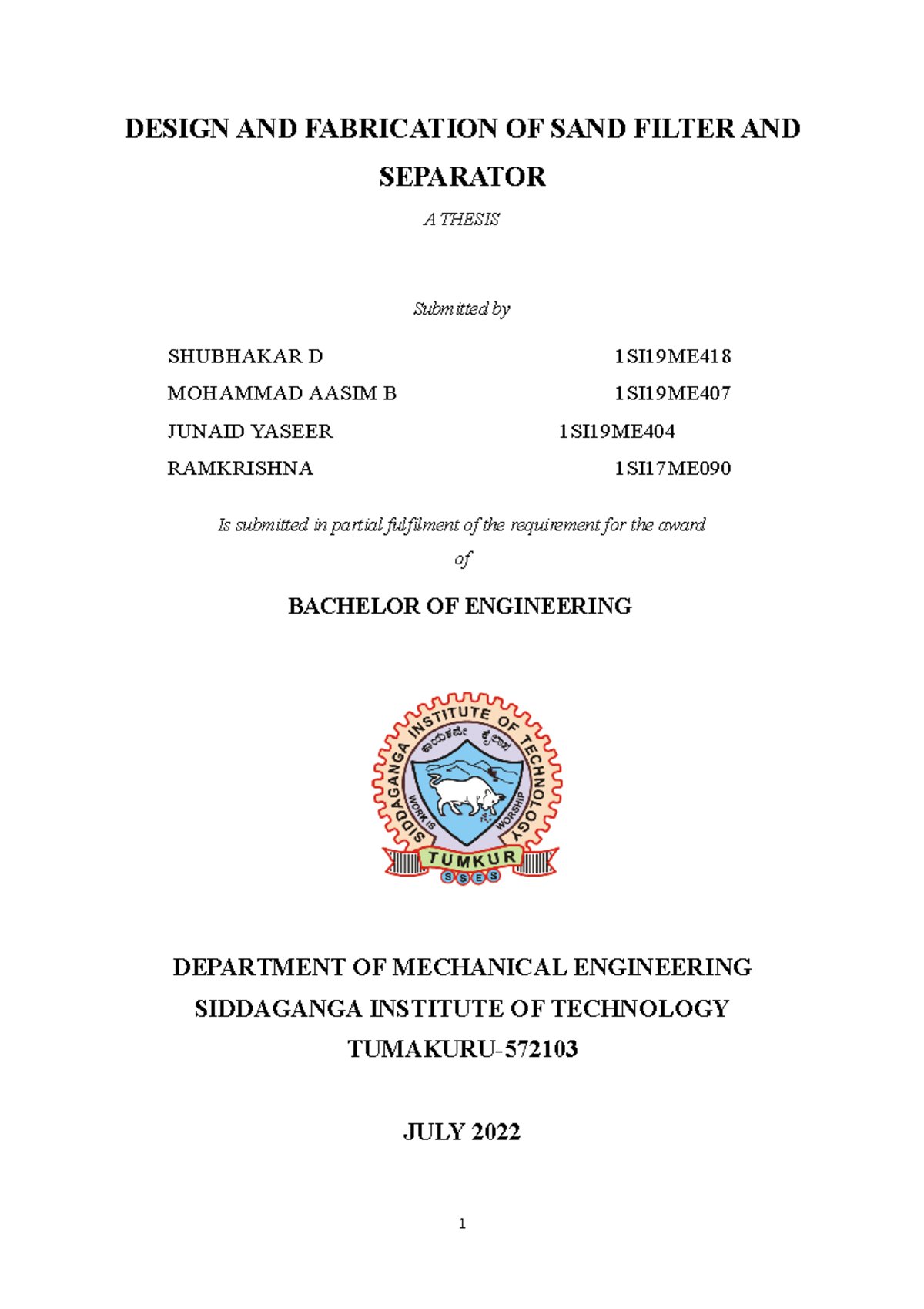 FInal report project - DESIGN AND FABRICATION OF SAND FILTER AND ...