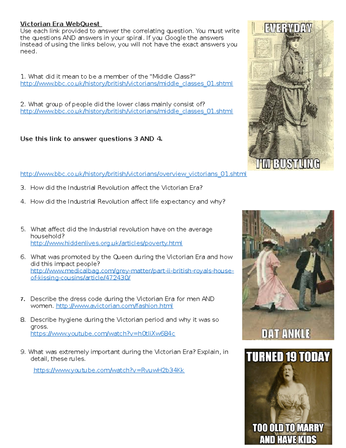 Victorian Era Webquest 2018 - Victorian Era WebQuest Use each link ...