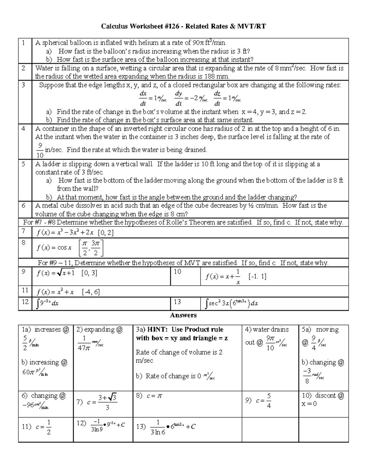 Calculus Worksheet Related Rates - Studocu
