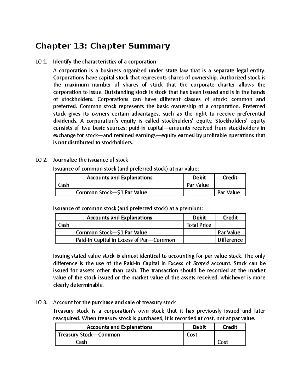 Chapter 13 Summary - Chapter 13: Chapter Summary LO 1. Identify the ...