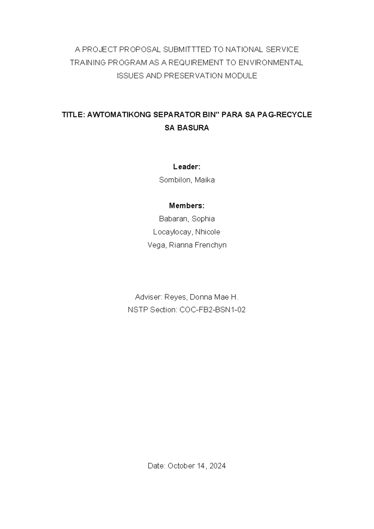 NSTP- Project- Proposal - A PROJECT PROPOSAL SUBMITTTED TO NATIONAL ...