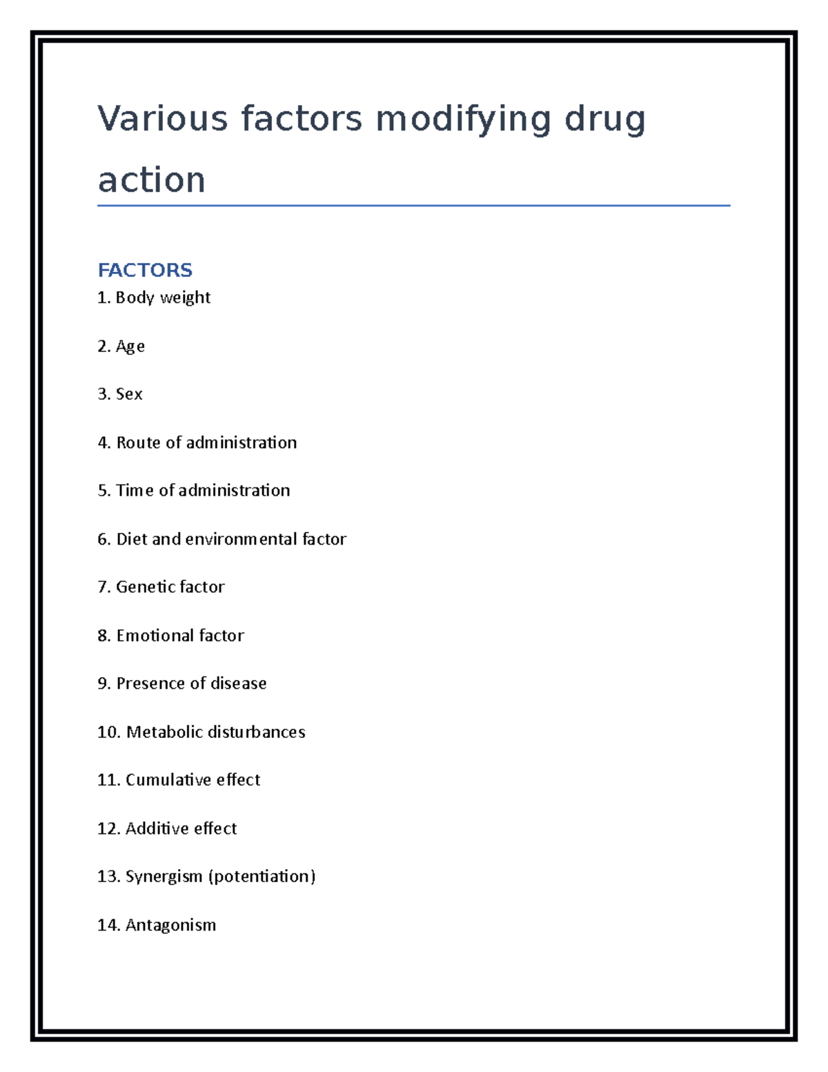 Factors modifying drug action - Various factors modifying drug action ...