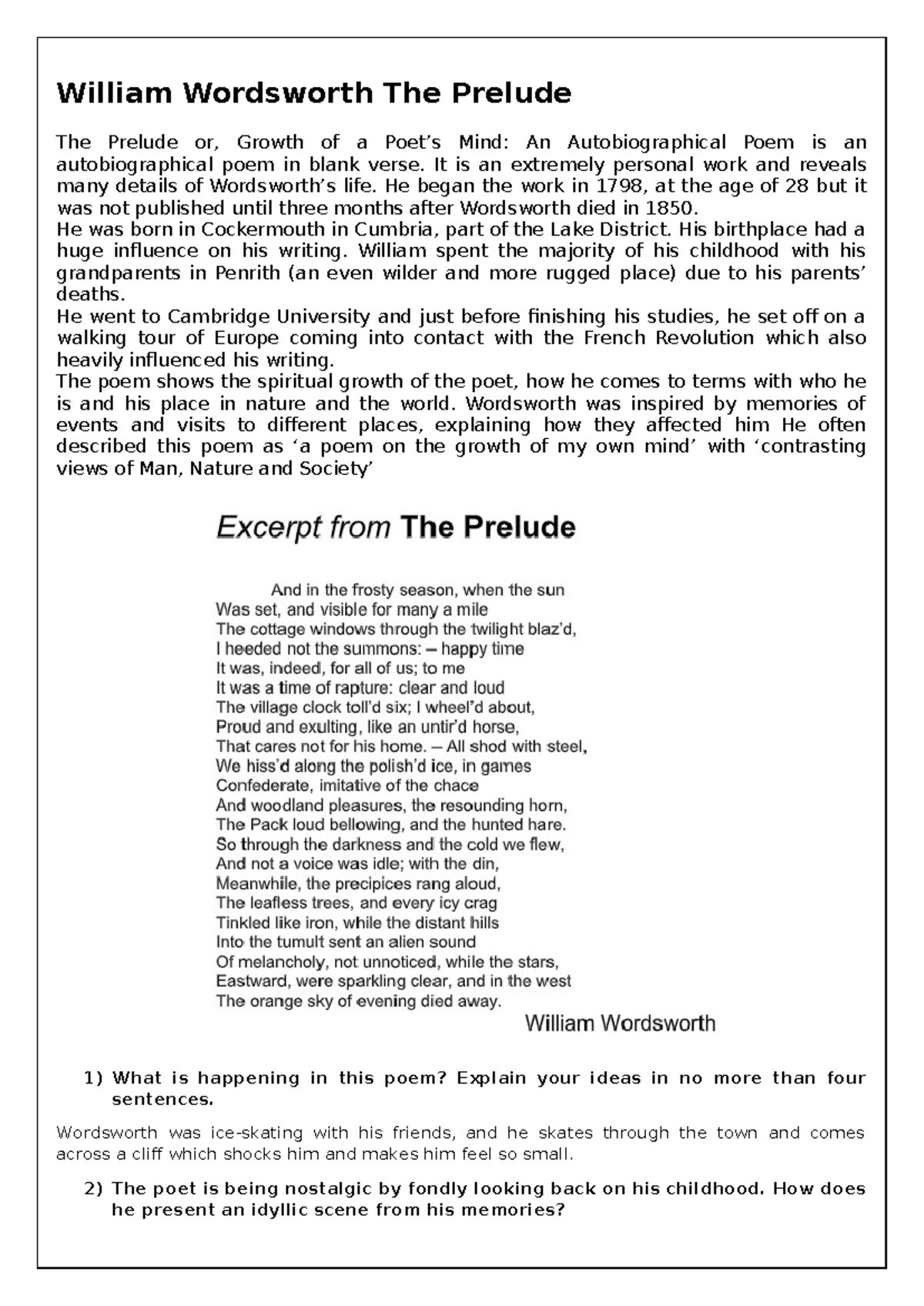 William Wordsworth The Prelude - It is an extremely personal work and ...