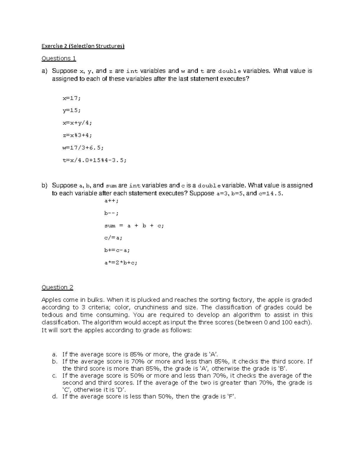 Exercise 2 Decision - brugh - Exercise 2 (Selection Structures ...
