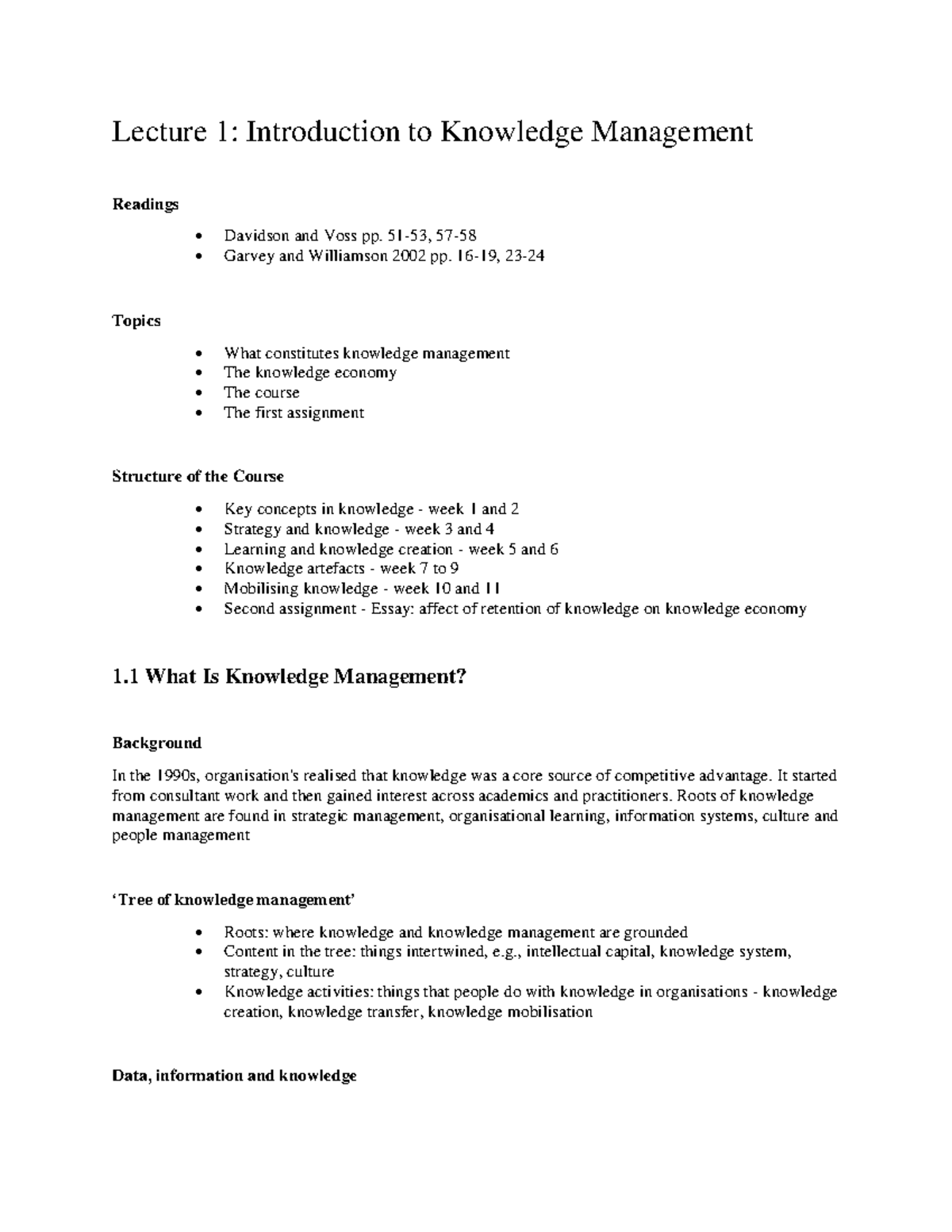 MGMT311 - Lecture 1 Introduction - Lecture 1: Introduction to Knowledge Management Readings ...