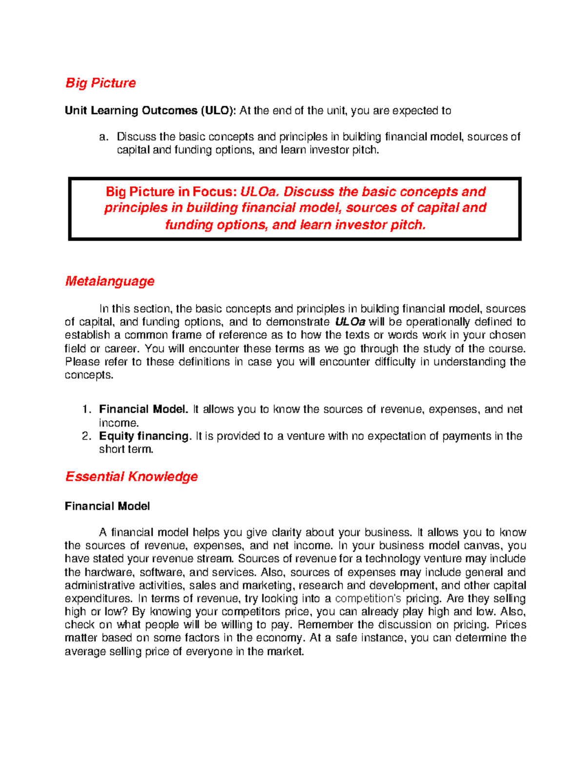 Financial-model-capital - Big Picture Unit Learning Outcomes (ULO): At ...