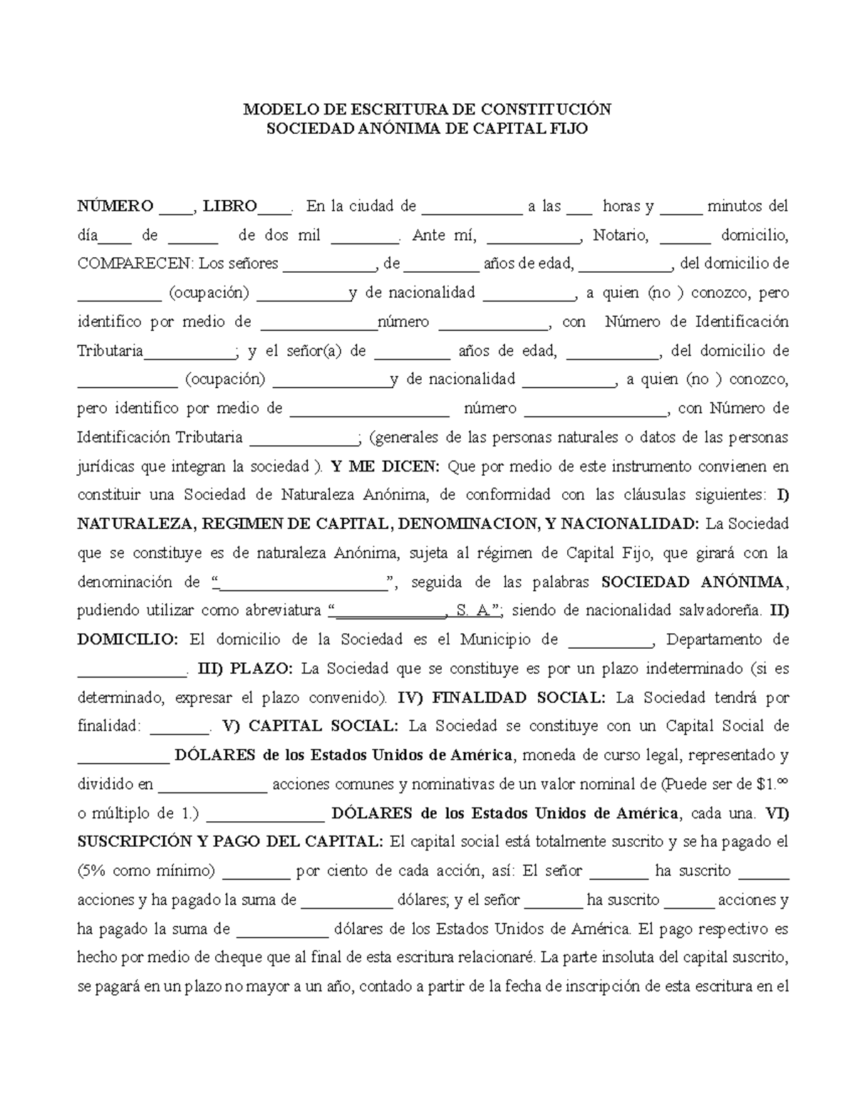 Formato-soc-anonima - Modelo de acta de constitución de Sociedad Anonima - MODELO DE ESCRITURA ...