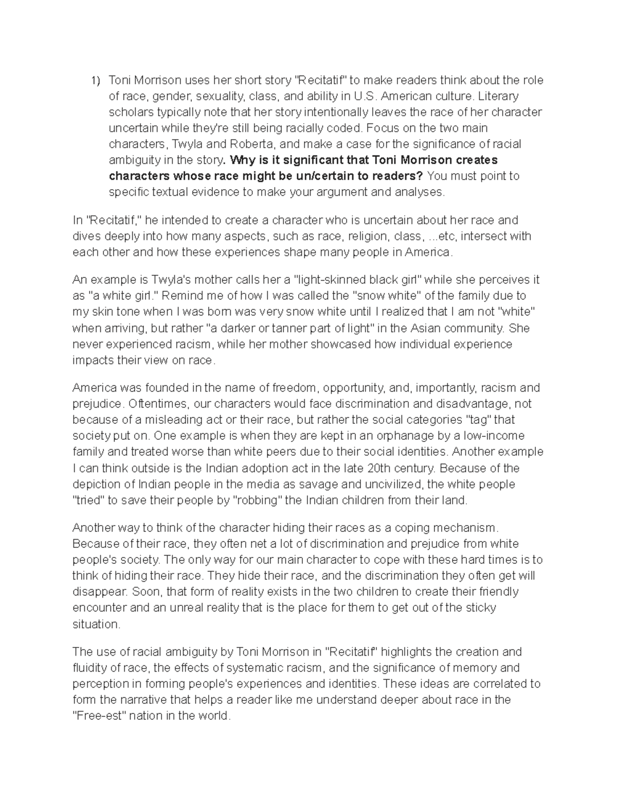 Quiz Racism, Classism, and Disability - Google Docs - Toni Morrison ...